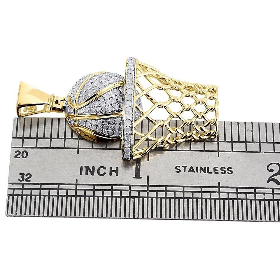 Diamond Basketball Pendant Mens 10K Yellow Gold Round Pave Hoop Charm 3 ...