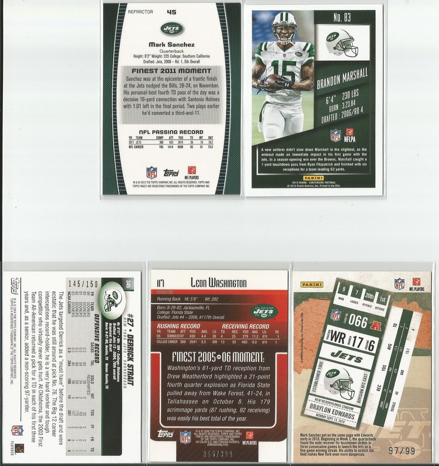 NFL New York Jets Football Serial #'d Refs, SPs, Rookies & Stars 5-Card ...