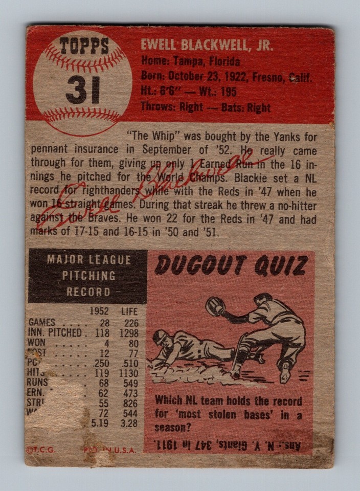 1953 Topps #31 Ewell Blackwell LOW GRADE (reverse) Vintage Baseball ...