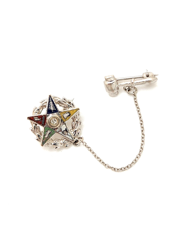 14K White Gold Order of the Eastern Star Diamond Enamel Pin with Gavel ...