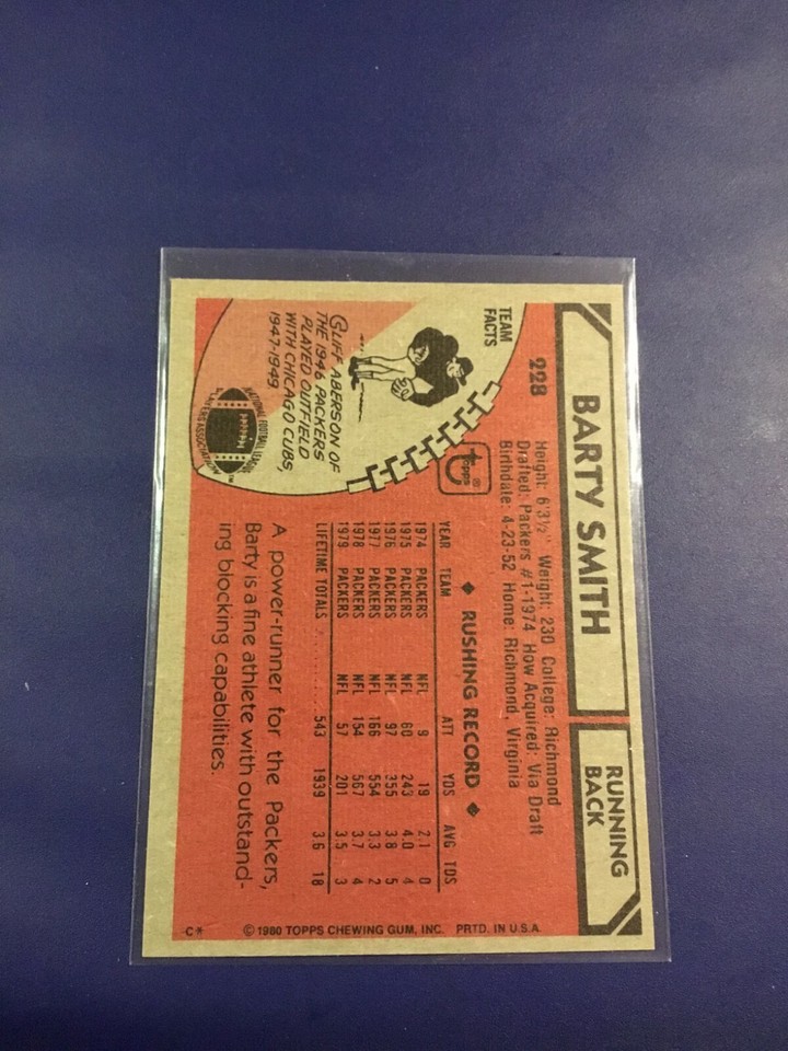 1980 Topps # 228 BARTY SMITH Green Bay Packers Running Back Richmond NM ...