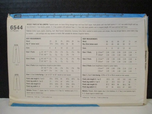 Simplicity Pattern 6544 Miss Size 10 Waist 25" Pants Two Lengths Uncut ...