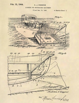 Higgins Boat 1941 Official US Patent Art Print - WWII Boat WW2 Boat ...