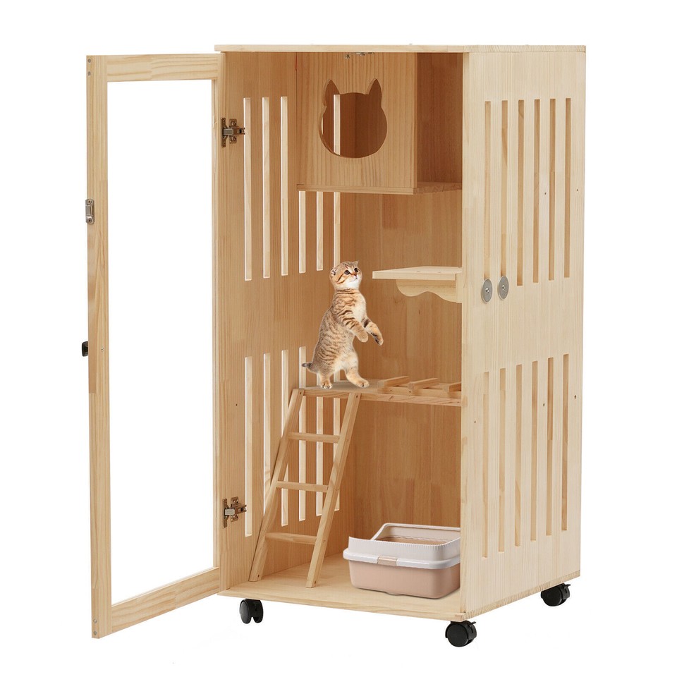 Catio Cage with Ramp and Covered Cat House Kit Wooden Indoor Cat ...