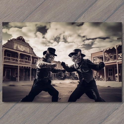 4x6" Western Feline Showdown Wild West Cat Fight at High Noon! 🐾🤠🔫 H | eBay