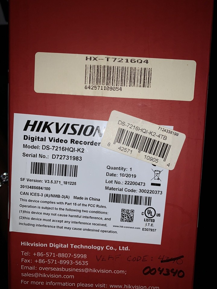 HIKVISION TURBO HD DVR 7200 Series 16 Channels 4TB HDD DS7216HQHI-K2 ...