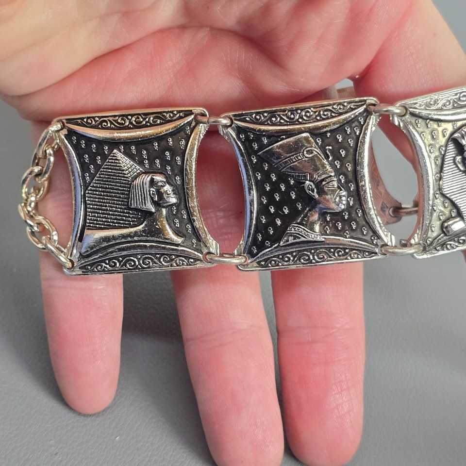 VTG Silver-Tone Egyptian Revival Link Bracelet W/ Pharaoh Sphinx ...
