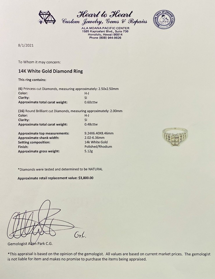 Leer Gem GG Certified 14K White Gold 1.08ctw Invisible Diamond Sz 7.25 ...