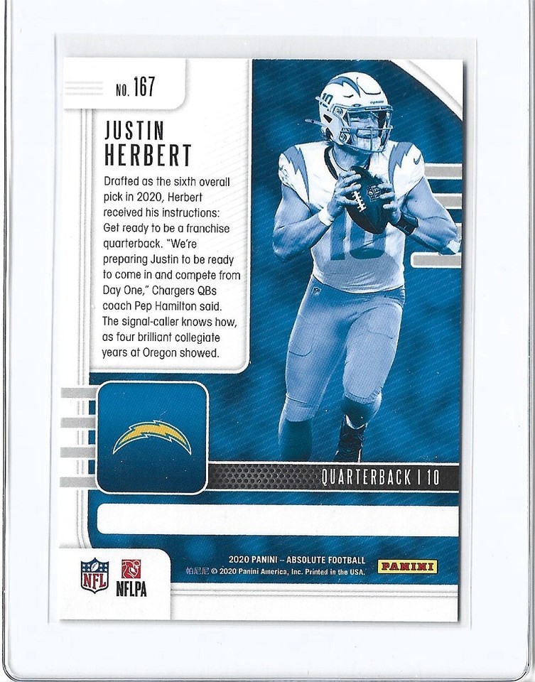 2020 Panini Absolute JUSTIN HERBERT Rookie Card RC #167 Los Angeles ...