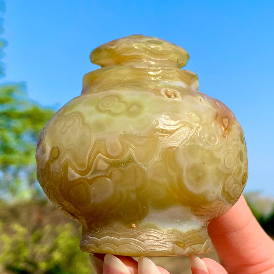 373G Top!!! Natural Gobi agate eye agate/stone carved pot Madagascar | eBay