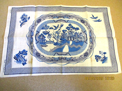 VINTAGE RICHLIN MADE IN IRELAND WILLOW PATTERN TEA TOWEL - 100% LINEN ...