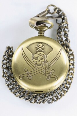 Quartz Pocket Watch Men Stainless Steel Gold Chain Pirate 14" White ...