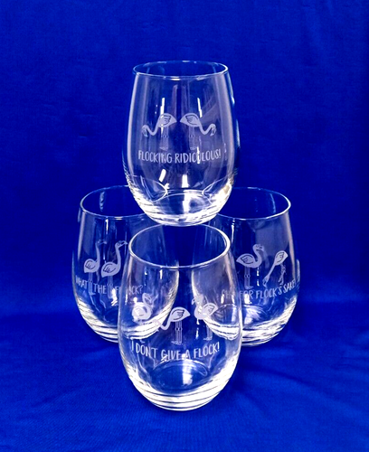 4 Flocking Ridiculous STEMLESS WINE GLASS Tumbler ETCHED Flamingo WHAT ...