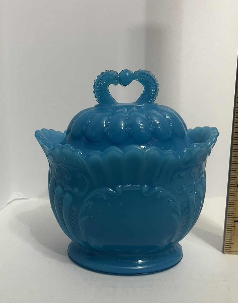 Antique Fancy Blue Milk Glass Bowl Lidded Candy Dish Scrolls Beaded ...