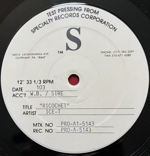 ICE-T ~RICOCHET 12" RARE TEST PRESSING (1991) GANGSTA RAP HIP HOP PRO ...