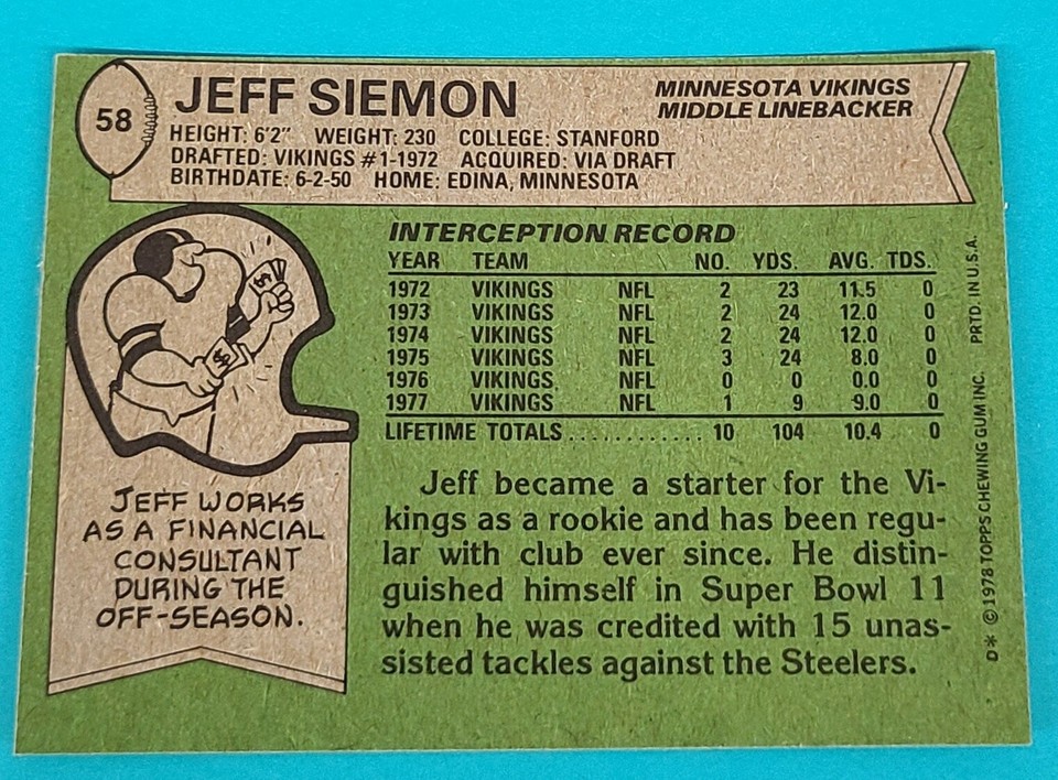 1978 Topps #58 Jeff Siemon Minnesota Vikings Football Card R5 | eBay