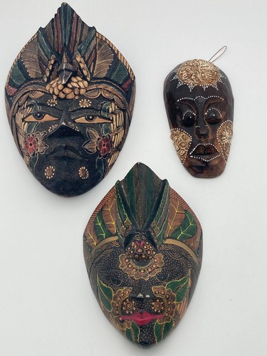 Set of 3 Masks: Rama Shinta Batik Wood, Tiki Wood Carvings, Indonesian ...