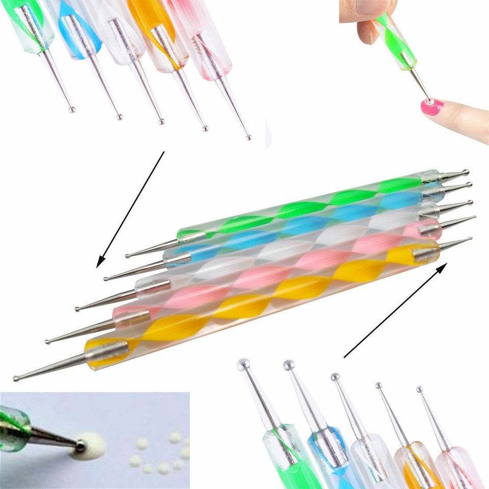 5 Pc 2 Way Dotting Pen Tool Nail Art Tip Dot Paint Manicure Kit US ...