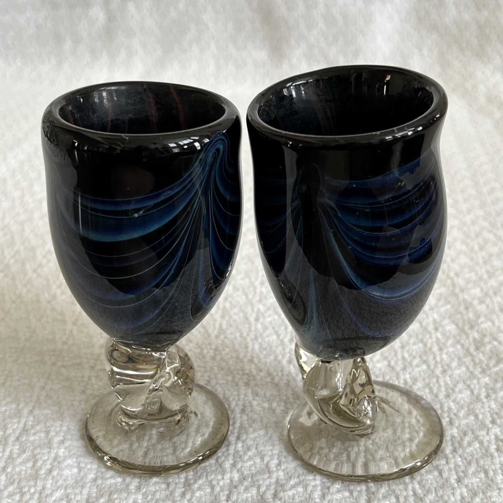 GARCIA art Glass Cordials- Handblown Blue/ Black Swirl- Blue- 4.5 & 5 ...