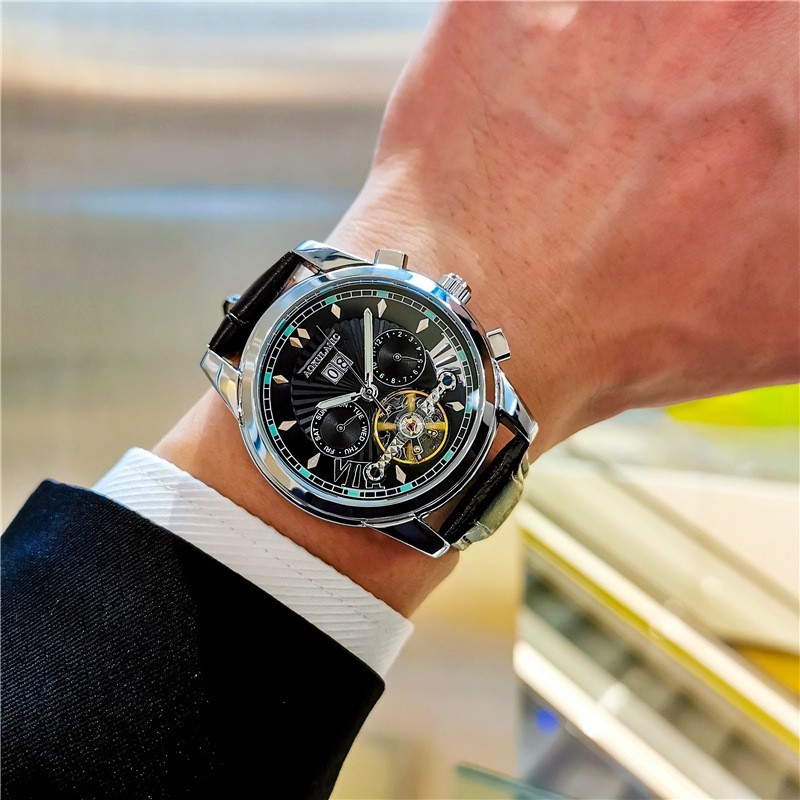 Men Automatic Mechanical Watch Flywheel Skeleton Luminous Date Luxury ...