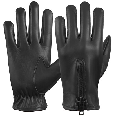 New Classic Black Full Finger Leather Zipper Gloves Motorcycle Biker ...