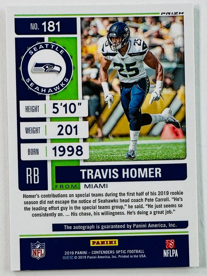 Travis Homer 2019 Contenders Optic Rookie Ticket Auto Silver Seahawks