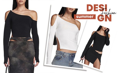 One Shoulder Top Long Sleeve Cold Shoulder Split Hem One Shoulder Cut ...