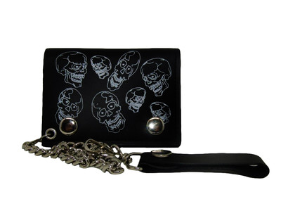 Pirate Skulls Smiling Black Genuine Leather Wallet With Chain (4 inch ...