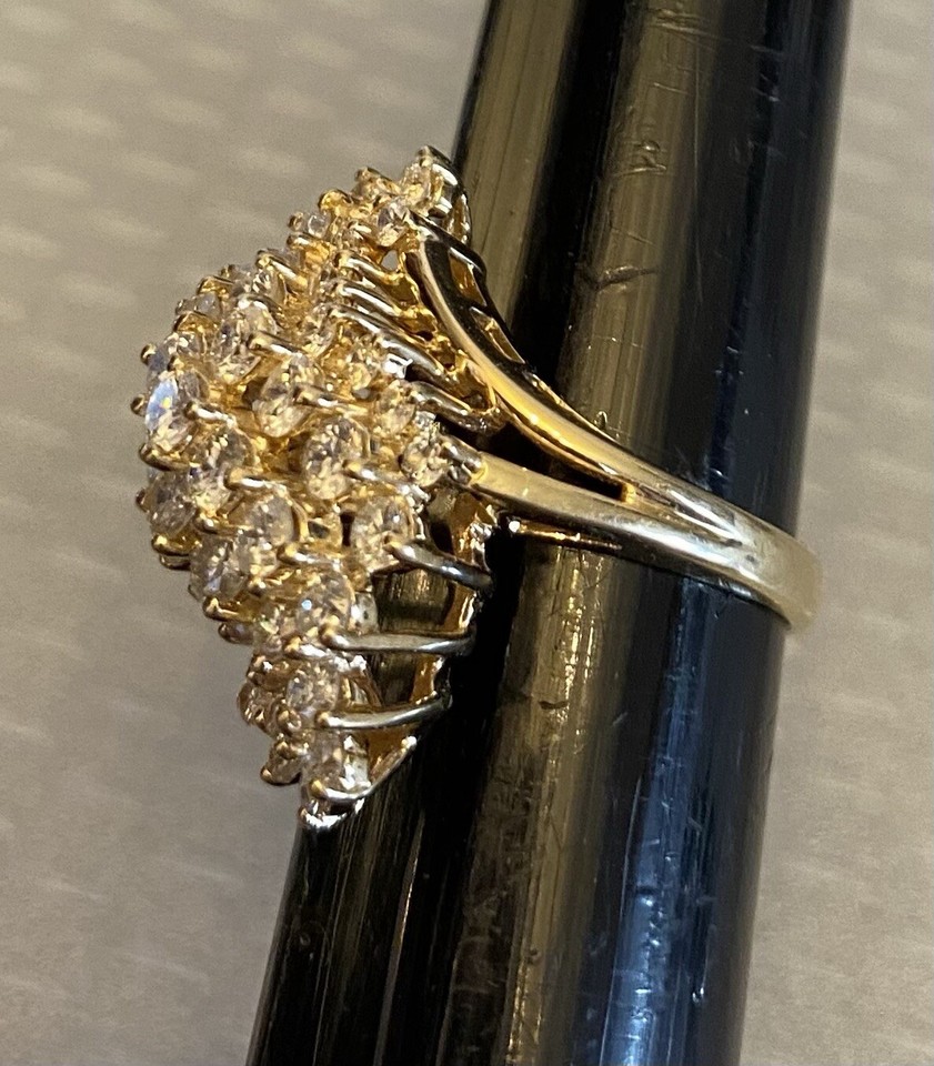 Estate 14K Yellow Gold Natural Diamond Cascade Cluster Cocktail Ring 2 ...