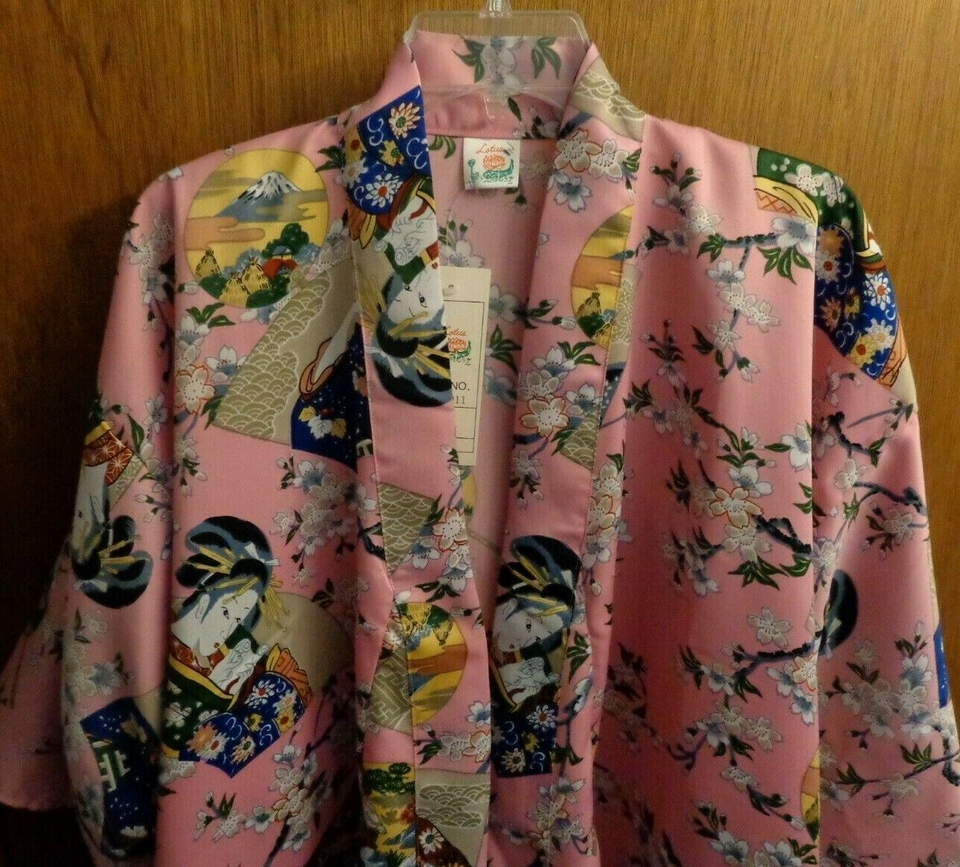 New Lotus Brand Pink Satin Oriental Kimono Lounge Robe Tie Belt Women L ...