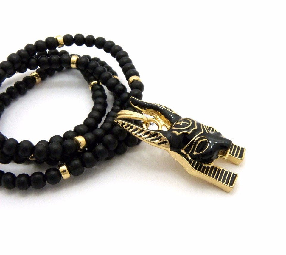 NEW EGYPTIAN ANUBIS HEAD PENDANT & 30" WOOD BEAD CHAIN HIP HOP NECKLACE ...