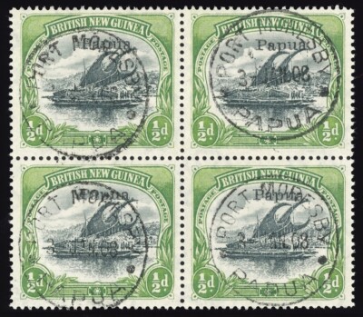 Papua 1906 "Lakatoi" ½d black & yellow-green block of four VFU. SG 38 ...