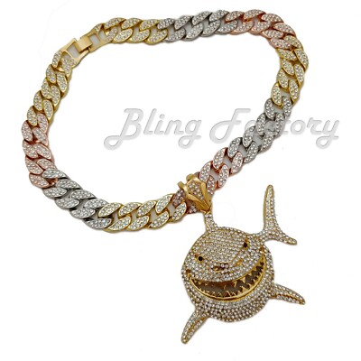 Hip Hop 6ix9ine Shark pendant & 18" Iced Multi Color Cuban Choker Chain ...