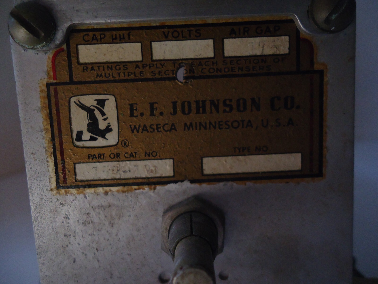 E.F. JOHNSON AIR VARIABLE CAPACITOR (250pf @ 7000 volt) PART # 155-13 ...