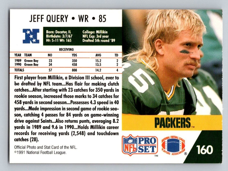 1991 Pro Set Jeff Query #160 Green Bay Packers | eBay