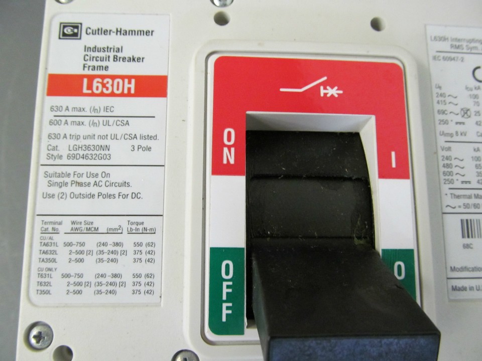 Cutler Hammer LGH3630NN 500 AMP TRIP 600 V 3 Pole L630H Circuit Breaker ...