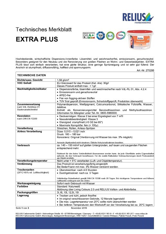 32 x Relius EXTRA PLUS E.L.F Dispersion Innenfarbe Farbe 12,5 Liter ...