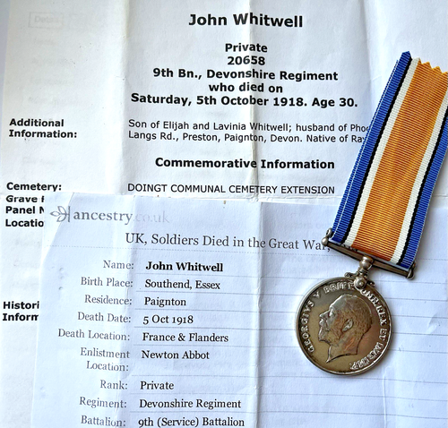 1st W.W.MEDAL PTE.JOHN WHITWELL 9-DEVON.R. K-I-A Somme5th Oct.1918 FROM ...