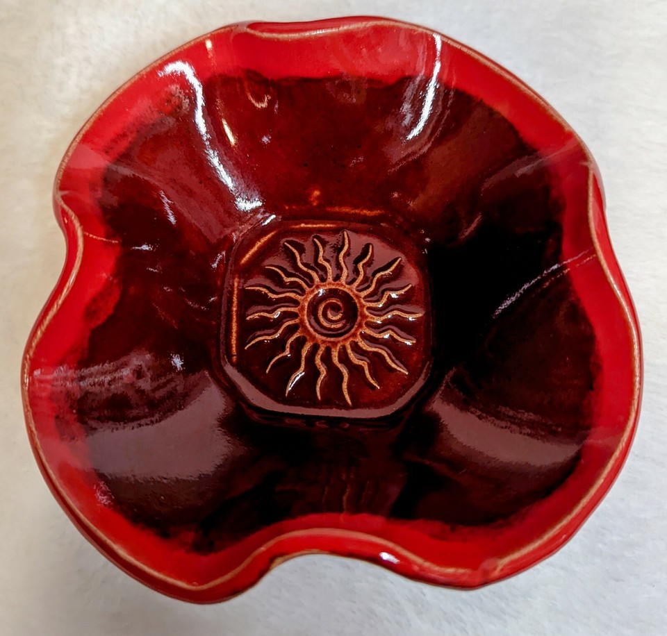 Red Ruffle Top Pottery Bowl w/Light Red Rim & w/Sun on bottom Signed ...