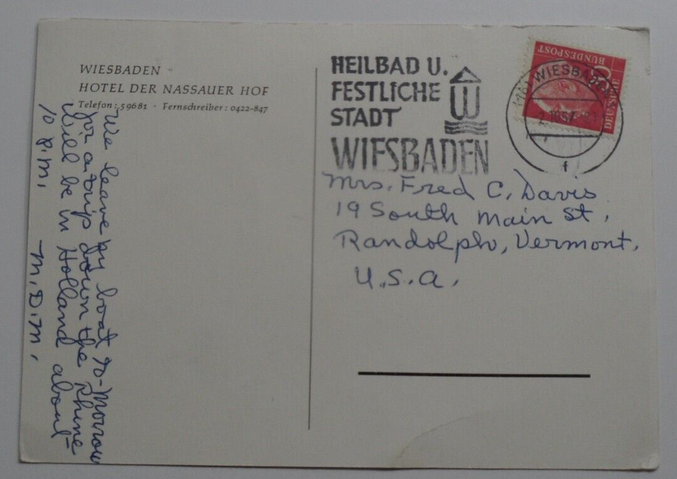 STAMPMART : GERMANY 1957 WIESBADEN HOTELSPECIAL POSTMARK POSTCARD TO VT ...
