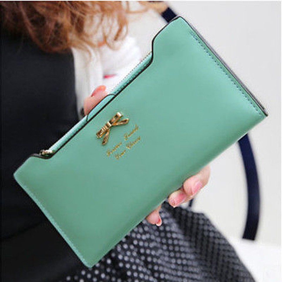 Women Leather Thin Wallet Cute Bow Long Purse Multi ID Credit Card ...