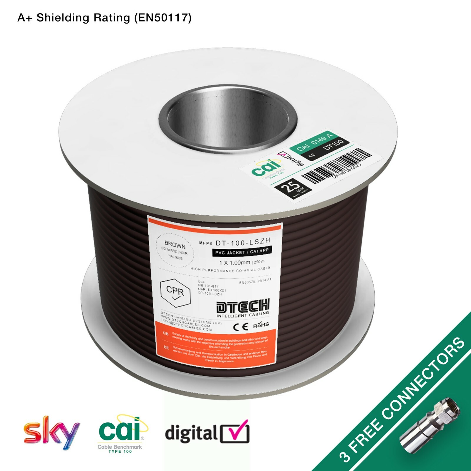DTECH DT100/TX100/WF100 Coaxial Cable CAI Approved, 100m BROWN | eBay UK