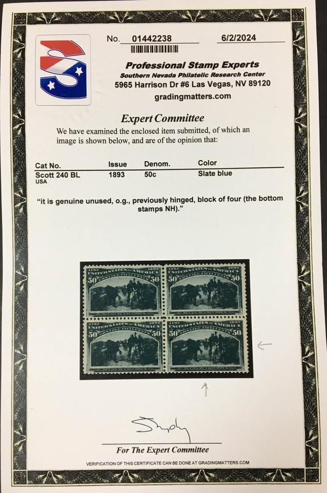 MOMEN: US STAMPS #240 50c COLUMBIAN MINT OG NH VF PSE CERT LOT #90552 ...