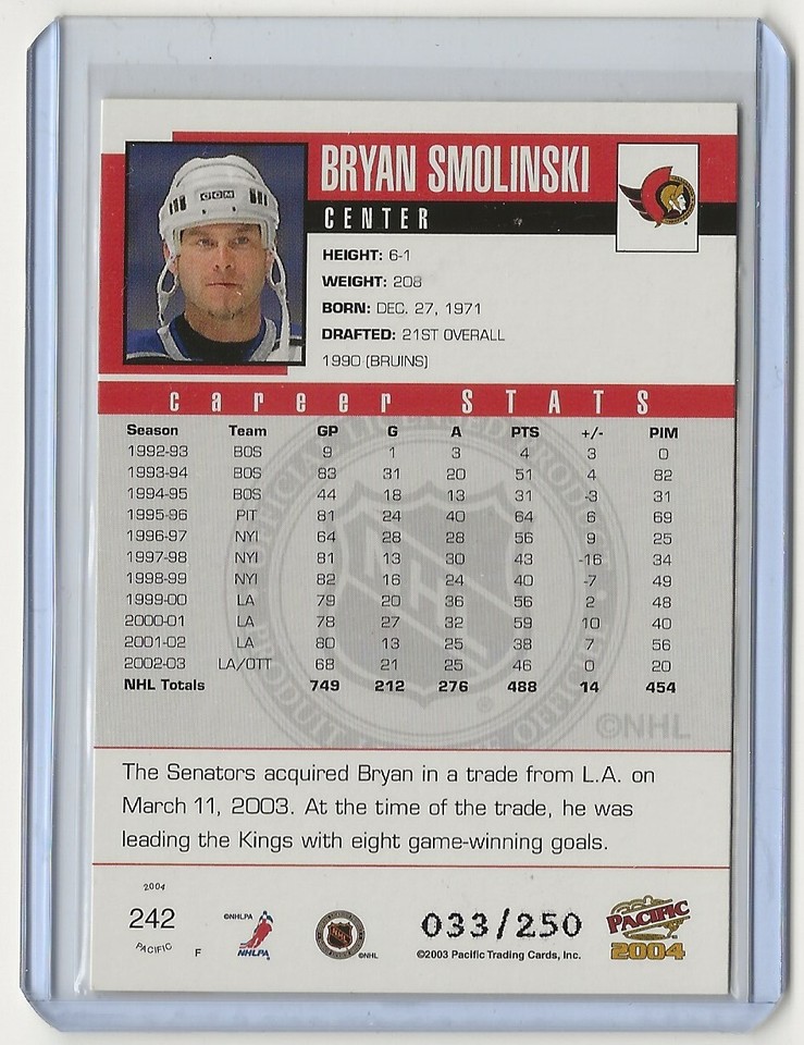 2003 2003-04 Pacific Blue #242 Bryan Smolinski 033/250 Ottawa Senators ...