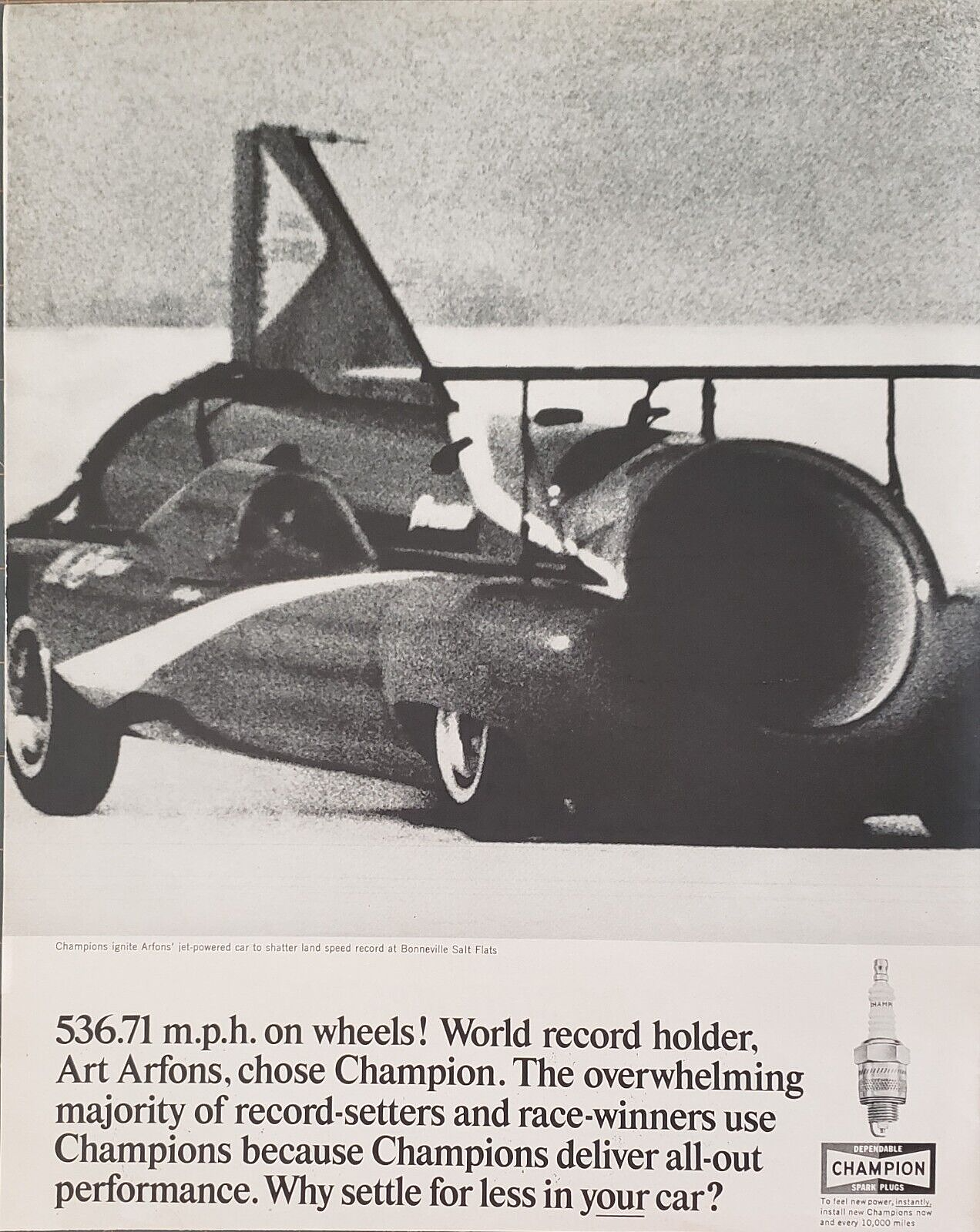 1965 Champion Spark Plugs Ignite Arfons' Jet Powered Car Print Ad | eBay