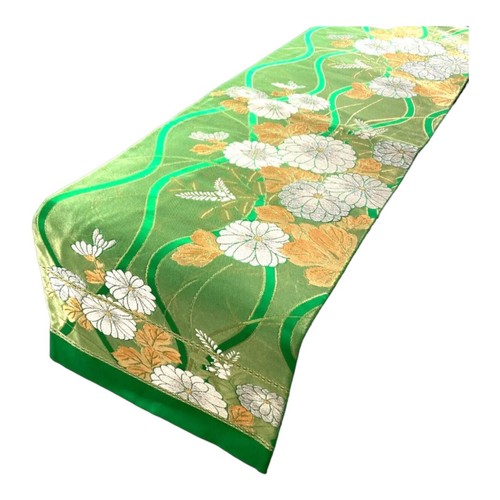 12"x112"Glittering Japanese Kimono Obi Embroidered Table Runner/Green F ...