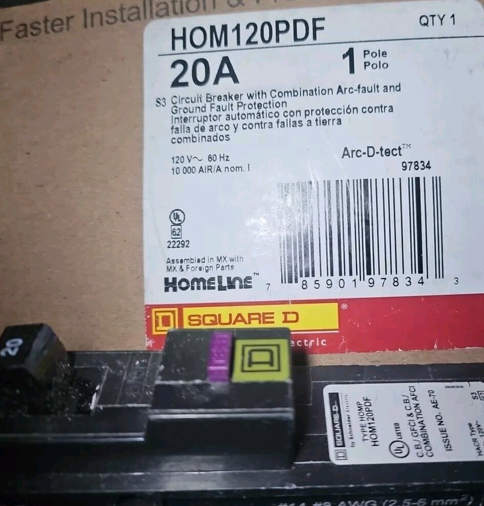 Square D Homeline HOM120PDFC 1 Pole Circuit Breaker Arc Fault 20 A! BUY ...