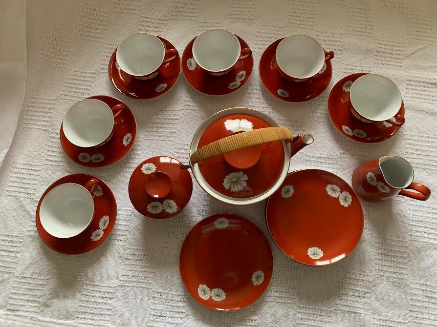 Vintage 1950s Noritake Nippon Toki Kaisha RED "Daisy" 23 piece tea set. | eBay