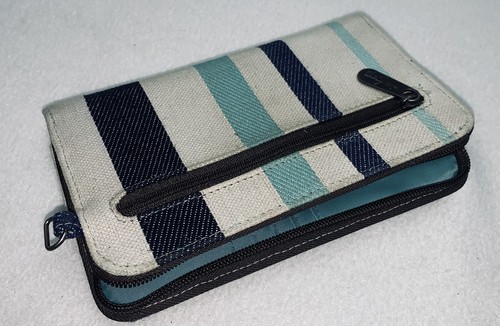 Thirty-One 31 Wallet Three Zipper Blues Denim-look Stripes Canvas Twill ...