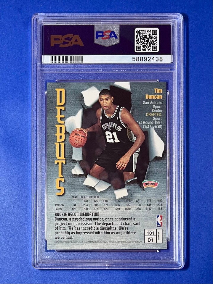 1997-98 Tim Duncan Finest Rookie Debuts PSA 9 Mint RC Card #101 W ...